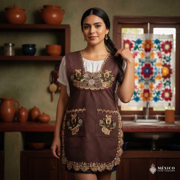 México Todo Corazón | Kitchen | Brown Red Mexican Embroidered Smock ...